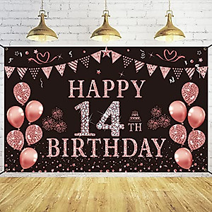 Trgowaul Happy 14th Birthday Decorations for Girls - Pink Rose Gold 14 Birthday Backdrop Banner，Fourteen Year Old Birthday Party Supply Photography Background Birthday Sign Poster Decor Gift Daughter