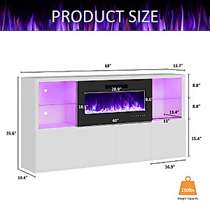 AMERLIFE 68'' Fireplace TV Stand with 40'' Fireplace, Modern High Gloss Fireplace Entertainment Center with LED Lights for TVs up to 78'', TV Console with Glass Shelves for Living Room, White & Black