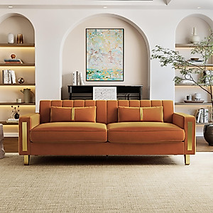 DOOSOODAA 2-Piece Loveseat Couch Set for Living Room, 86" Orange Velvet Sofa Couch with 4 Pillows & Gold Metal Legs, Modern Upholstered Sofa Set Love Seat Sectional Couches for Apartment Home Office