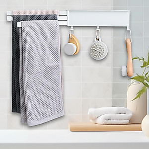 Swivel Towel Bar-3-Arm Bathroom Towel Rack 180° Rotating with Double-sided Tape No Nail Self-adhesive Hand Towel Holder No Nail Wall Mount Dish Rag Dishcloths Washcloth Storage Organizer Hanger（White）