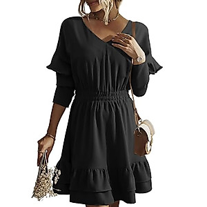 Dokotoo Womens Short Dresses 2023 Casual Spring Summer V-Neck Long Baggy Sleeve Fall Ruffle Dress A Line Swing Skater Tunic Mini Dresses Black Dress Small