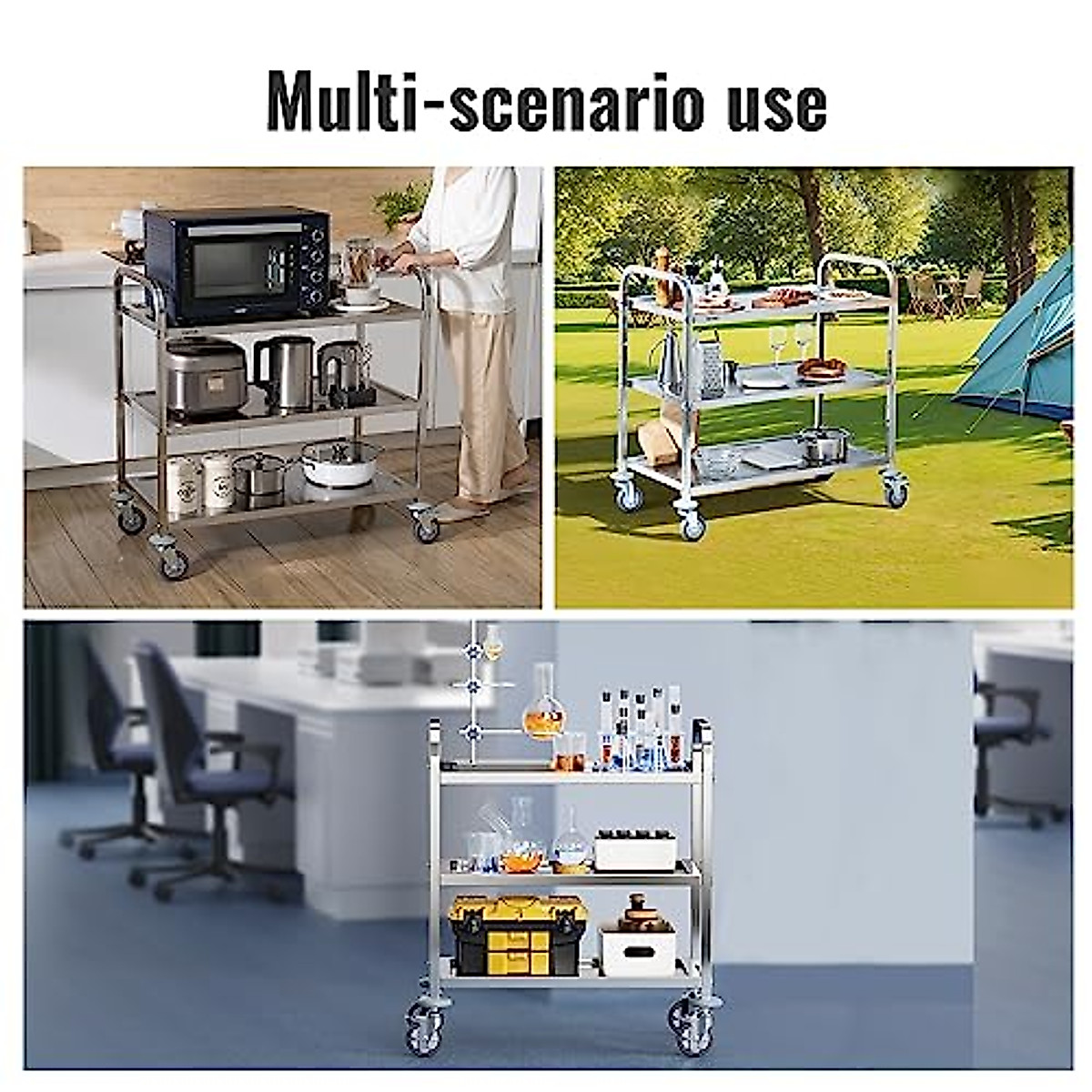 VEVOR Stainless Steel Cart, 3 Layers Lab Utility Cart 400 lbs Weight Capacity, Medical Cart with Lockable Universal Wheels, for Lab, Clinic, Kitchen, Salon