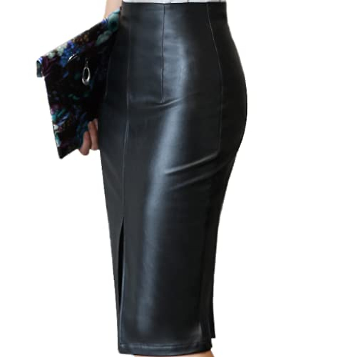 RAMISU Faux Leather Pencil Skirt High Waist Split Lady's Half Body Midi Hip Skirt 8017 M Black