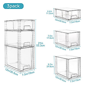 Vtopmart 3 Pack Clear Stackable Storage Drawers,Easy to Assemble Bathroom Organizers and Storage with handles,Plastic storage drawers for Kitchen Pantry,Cabinet,Under Sink Organization