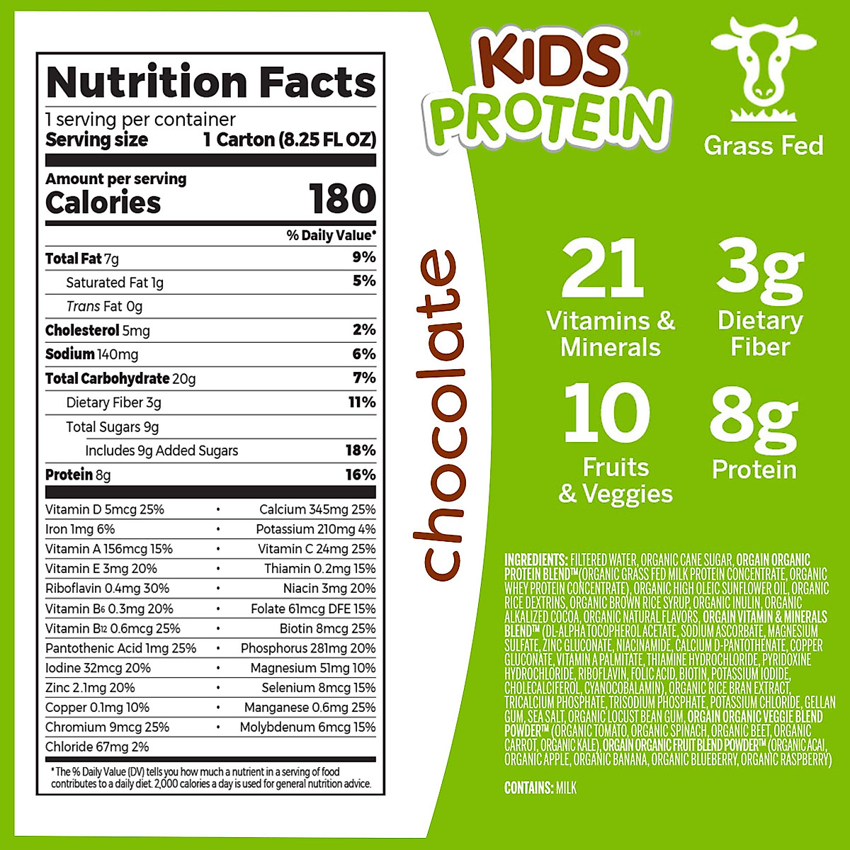 Orgain Organic Kids Protein Nutritional Shake, Chocolate - Great for Breakfast & Snacks, 21 Vitamins & Minerals, 10 Fruits & Vegetables, Gluten Free, Soy Free, 8.25 oz, 12 Count (Packaging May Vary)