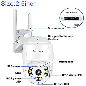 Aottom Security Camera Outdoor 2MP - 360°View Wireless WiFi Home Surveillance Camera with Pan/Tilt/Motion Dection Activity Alert/Night Vision / 2-Way Audio/Waterproof/APP/Support 128G SD Card
