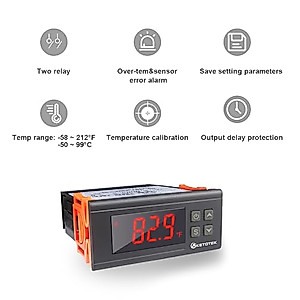 KETOTEK Digital Temperature Controller AC110V 10A Fahrenheit Thermostat with 2m Waterproof Sensor 2 Relays Heating Cooling Incubator