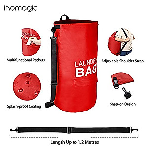 IHOMAGIC 71L Laundry Bag Backpack with Adjustable Shoulder Straps and Pocket, Hanging Fabric Laundry Hamper, Portable Laundry Baskets with Buckle, Extra Large Dirty Clothes Hamper for Laundry (Red)
