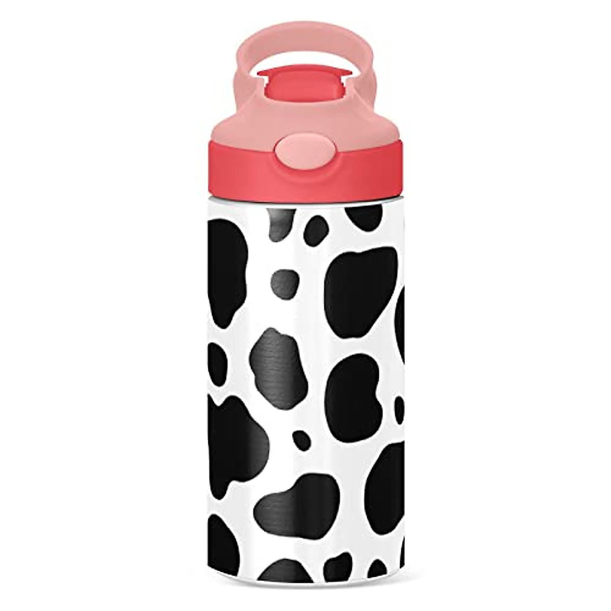Black & White Cow Print Kids Water Bottle with Straw Lid, Vacuum Insulated Stainless Steel Double Walled Leakproof Tumbler Travel Cup for Girls Boys Toddlers, 12 oz