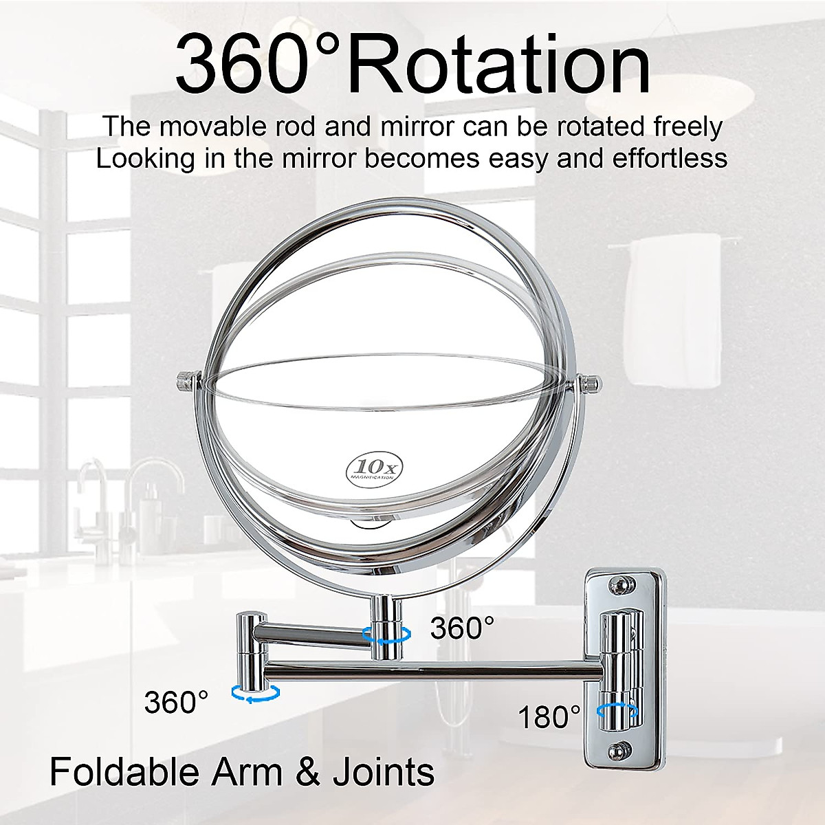 LANSI Wall Mounted Makeup Mirror, 10x/1x Double-Sided Magnifying Mirror, 360° Extendable Arm Bathroom Mirror, 8 inch Vanity Mirror for Makeup or Shaving Chrome Finish