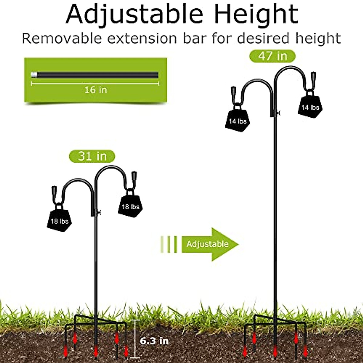 PEEKI Double Shepherds Hook, Adjustable Bird Feeder Pole for Outside with 5-Prong Base, Heavy Duty Garden Shepards Hooks for Outdoor Plant Hanger, Hummingbird Feeder Stand (47” Overall Height, 1-Pack)