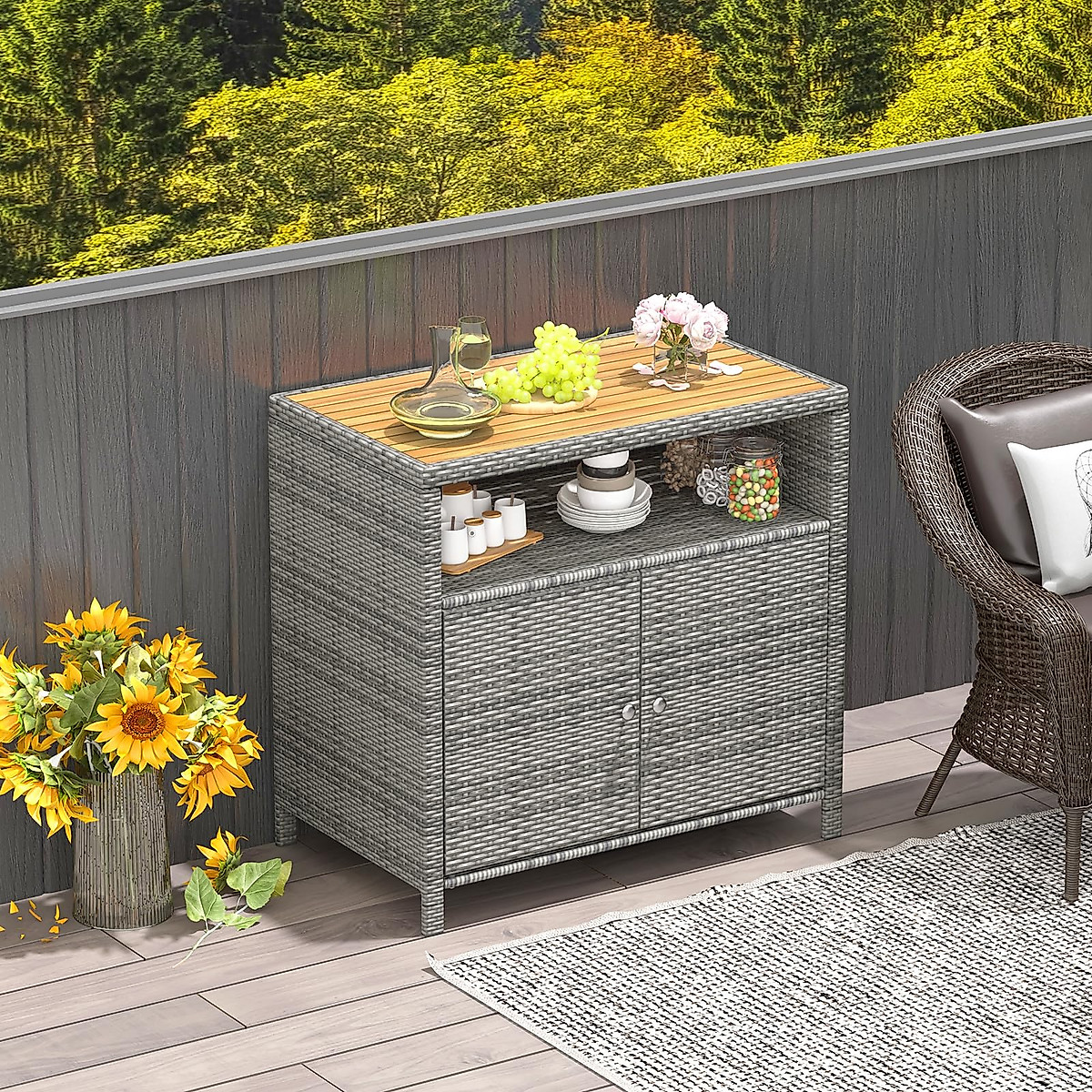 Tangkula Rattan Storage Cabinet, Outdoor Patiojoy Buffet Cabinet with Acacia Wood Countertop, Open Compartment & Enclosed Cabinet, 2-Door Wicker Sideboard, Storage Organizer for Poolside (Mix Grey)