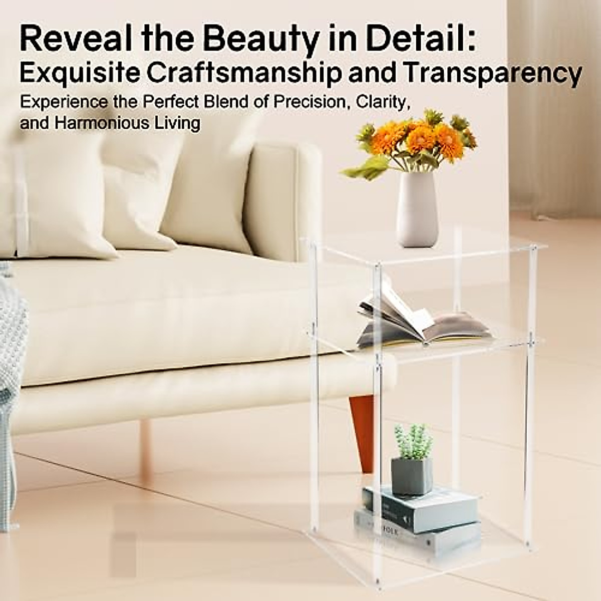 Joogto Acrylic Side Table, Clear 3-Tier Acrylic End Table with Stainless Steel Bracket, Acrylic Nightstand Beside Acrylic Coffee Table for Small Spaces Living Room/Office/Hallway/Bedroom/Balcony