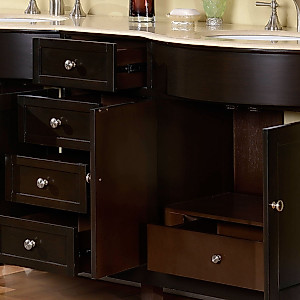 Silkroad Exclusive HYP-0717-CM-UWC-72 Cream Marfil Marble Stone Top Double Sink Bathroom Vanity with Cabinet, 72", Brown