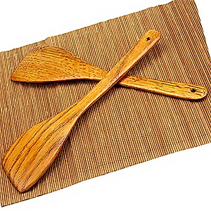 Wooden Spatula for Cooking - 12 Inch Premium Utensils Long Handled, Kitchen Spurtle Set Ideal for Pan and Wok - Wood Turner, Corner Spatula, Spoons, Scraper, Frying Pack of 2