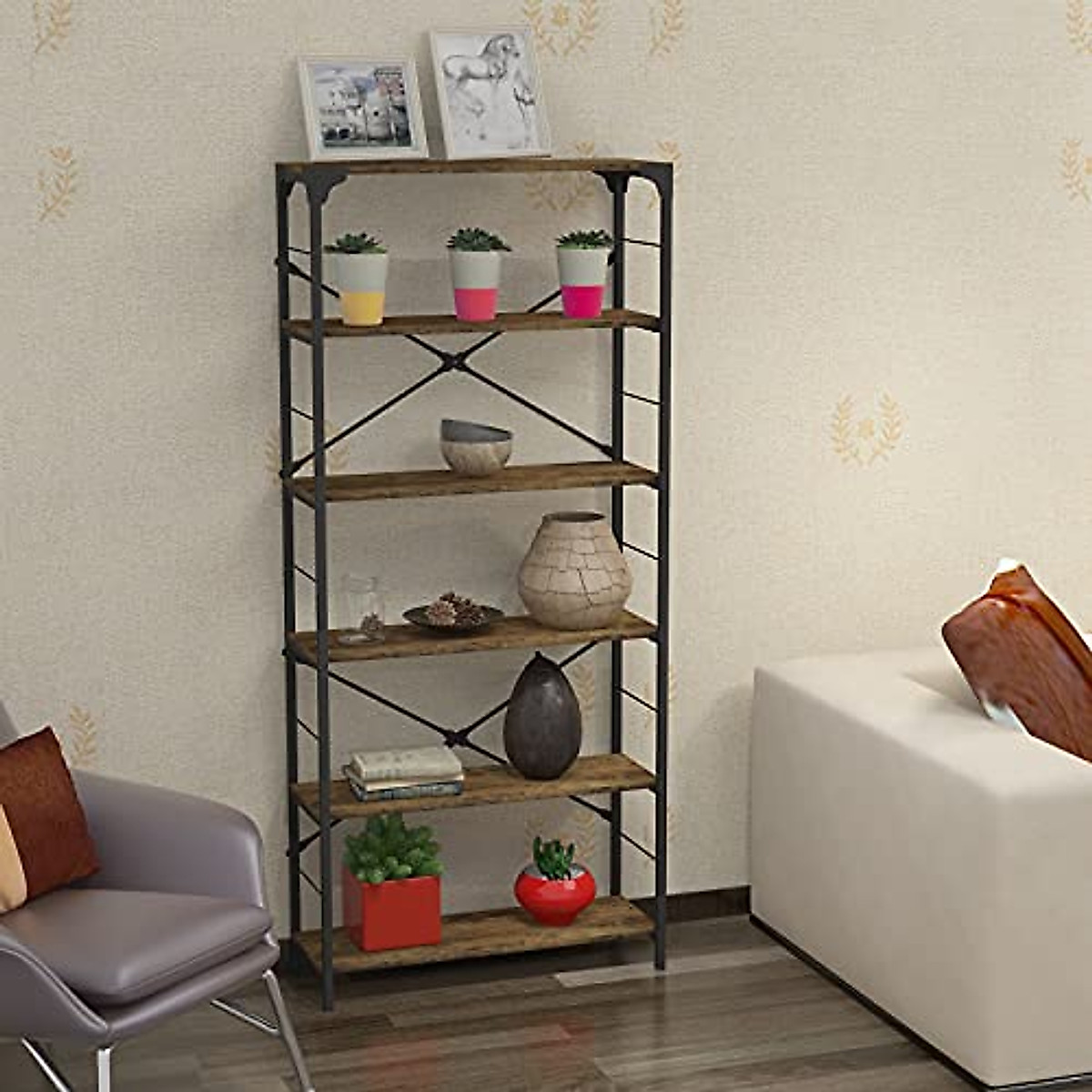 Kiimeey 6-Tier Bookcase Large L31.5 Industrial Black Tall Open Shelf (Vintage)