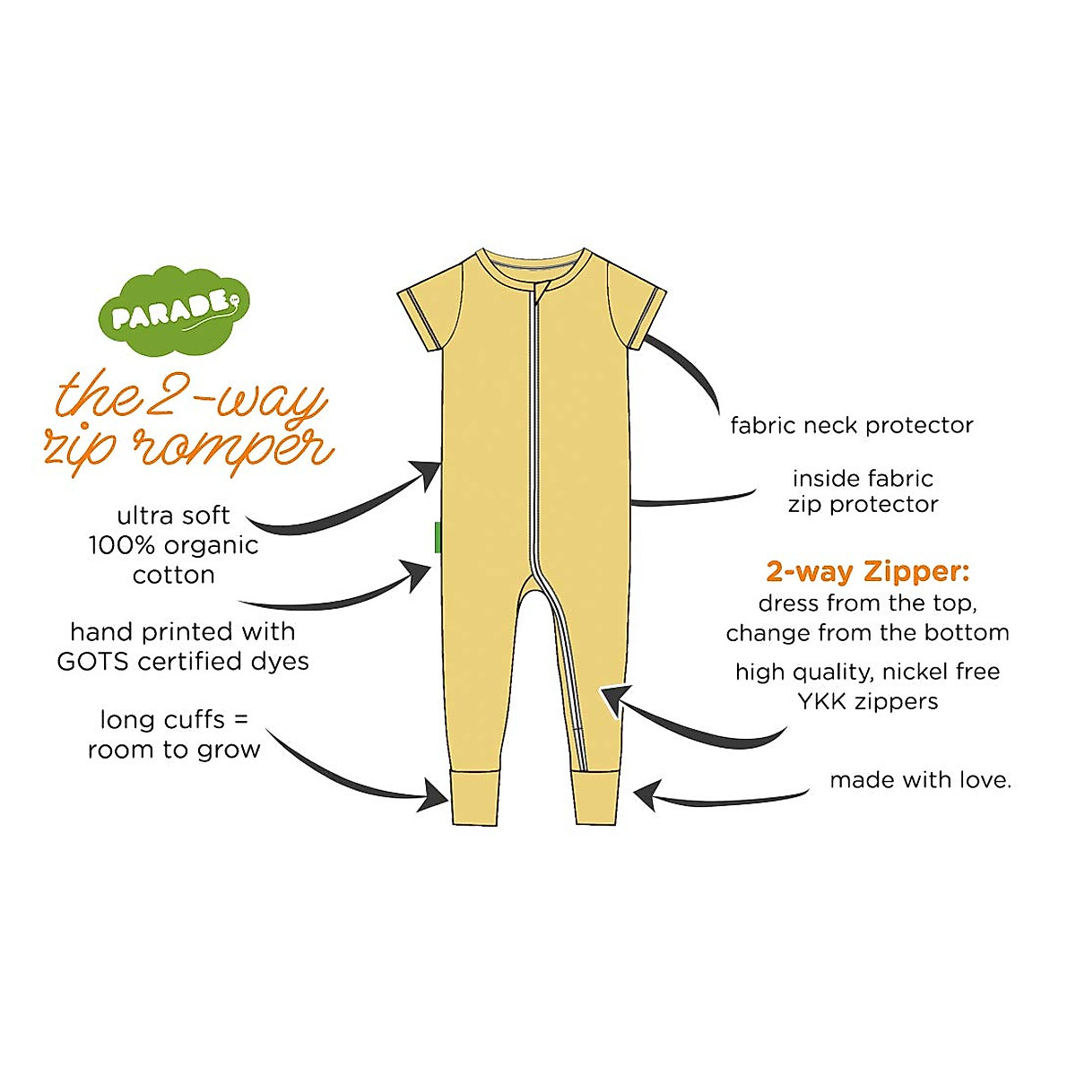 PARADE Organic Essential Basics '2-Way' Zip Romper - Short Sleeve Fern 12-18 Months