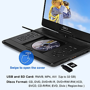 YOOHOO 16.9" Portable DVD Player with 14.1" Swivel HD Large Screen, DVD Player Portable with 6Hrs Playtime, Last Memory, Support USB/SD Card/Sync TV, Region-Free, Support Multiple Discs, Black