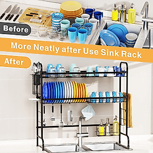 iSPECLE Over The Sink Dish Drying Rack Stainless Steel 2 Tier Dish Rack Large Above Sink Drying Rack Kitchen Sink Shelf, Black