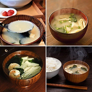 Wood Bowl Japanese Style Solid Wood Bowl Serving Tableware for Rice, Soup, Dip, Coffee, Tea, Decoration 4 Pcs (4 bowls + 4 spoons)