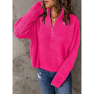 Dokotoo Sweaters for Women Waffle Knit Long Sleeve Quarter Zip Pullover for Women Business Casual Fall Fashion Tops Winter Trendy Aestheic Teathcer Clothes V Neck Oversized Hot Pink Sweater Medium
