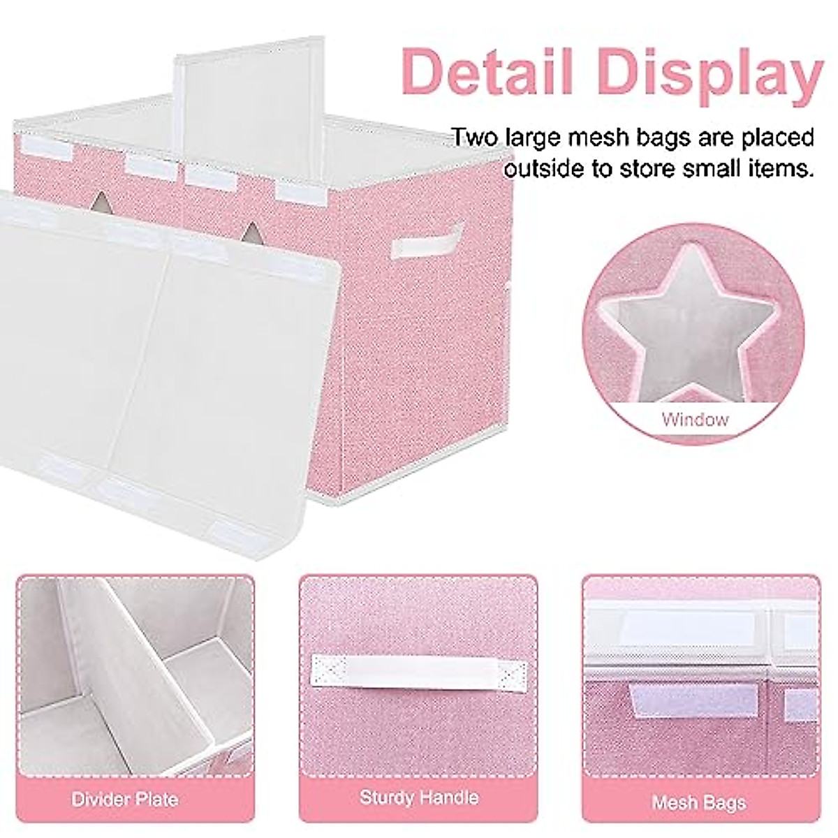 Xmasorme Large Toy Box for Girls, Toy Chest Box Organizer Bins with Star Transparent Windows, Sturdy Handles and Mesh Bag, Foldable Large Size Storage Box for Nursery, Playroom, Bedroom