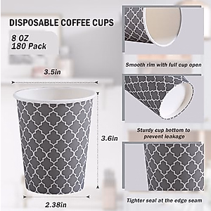 Lamosi 180 Pack 8oz Disposable Coffee Cups, Paper Cups, Hot/Cold Drinking Cup, Grey Disposable Cup, Paper Hot Coffee Cup, Paper Cup for Office, Picnic, Cafes