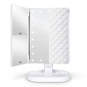 deweisn Trifold Lighted Vanity Makeup Mirror with 21 LEDs Lights,1x/2x/3x Magnification and Touch Screen Dimming,Two Power Supplies Makeup Mirror, Gift for Women
