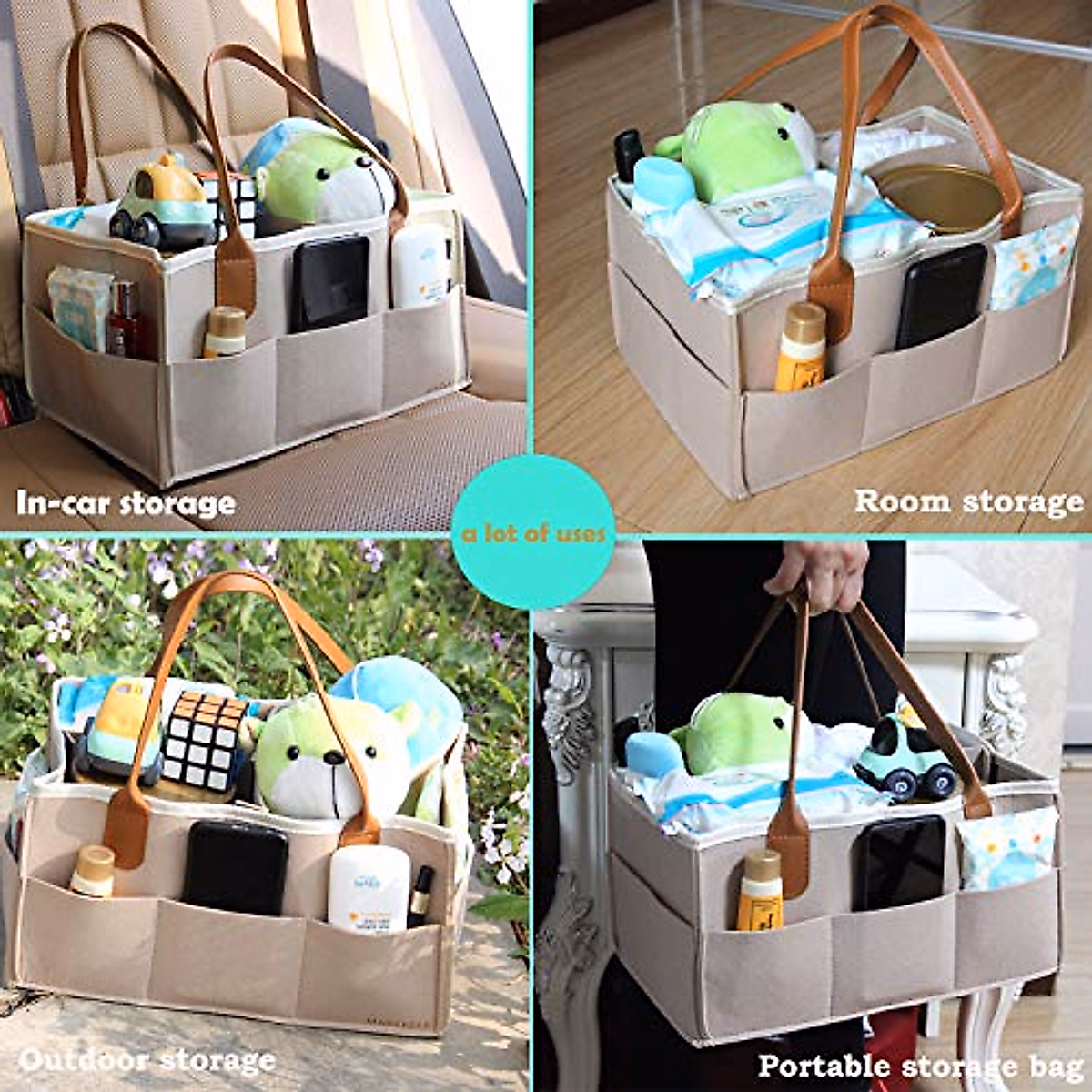 MARKKEER Baby Diaper Caddy Organizer, Nursery Storage Bin Car for Diapers and Baby Wipes, Changing Table Diaper Caddy, Portable Baby Essentials Basket Holder Tote Bag for Girl Boy (large,Beige)