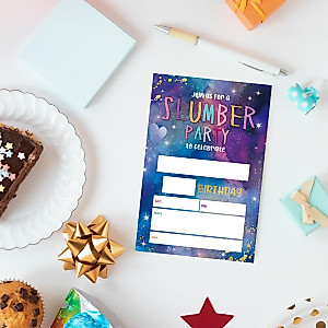 UDNADKEX Sleepover Birthday Invitations Girl Party with Envelopes, Invites for Girls Sleepover Theme Birthday Party Galaxy, Slumber Birthday Party Invitations Cards, 4"x6" Set of 20