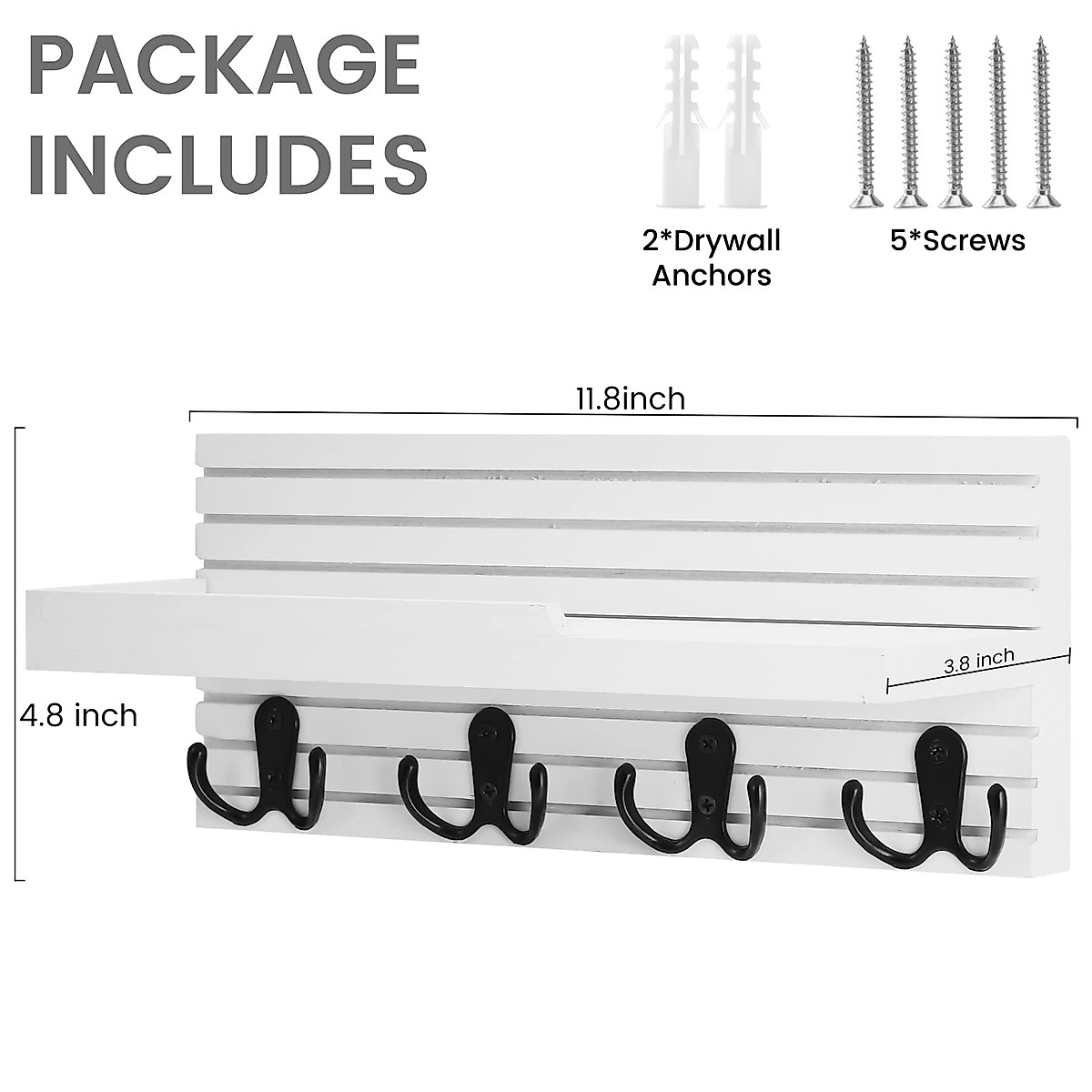 WeBravery Decorative Key Hanging Rack with 4 Double Hooks – Easy Install Natural Wooden Key and Mail Holder for Wall Mount – Entryway Decor Rack with Shelf (White)