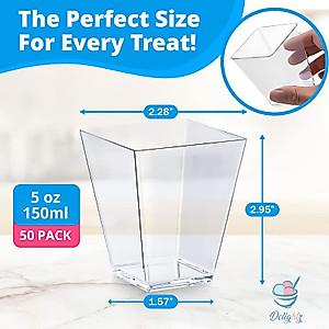 Delightz [50 Pack 5.Oz Small Clear Plastic Dessert Cups, Disposable Mini Square Appetizer/Shooter Cup For Parfait, Desserts, Pudding, Yogurt, Snacks, 2.28" x 2.95" x 1.57"