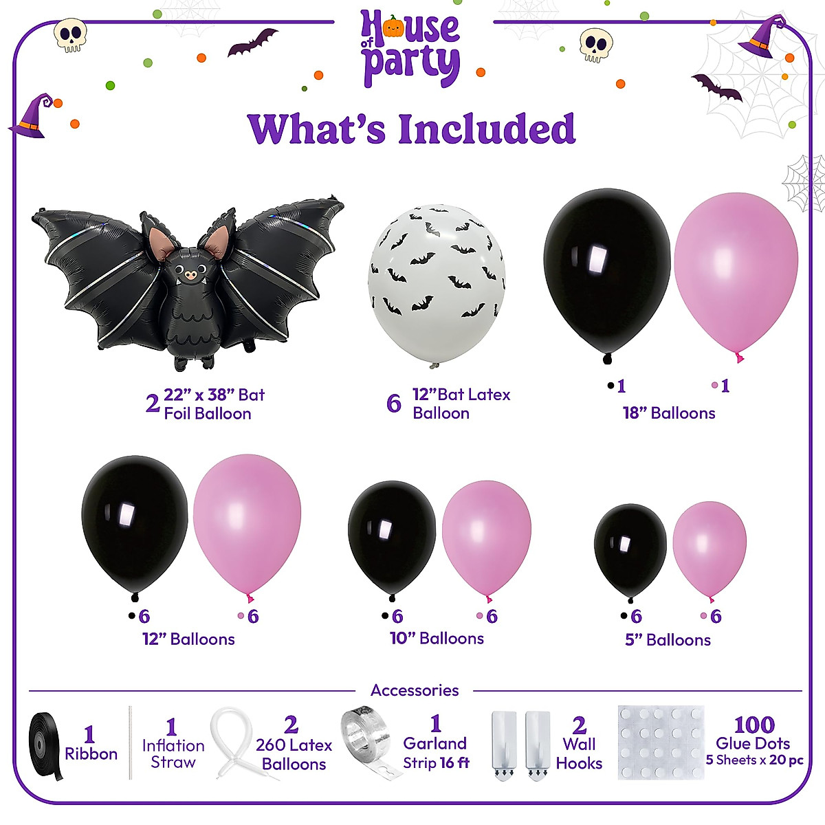 HOUSE OF PARTY Halloween Bat Balloon Garland Kit, 18/12/10/5 inch Black Pink White Balloons Arch with 2 Pcs 40'' Large Bat Foil Balloon, Bat Latex Balloons for Indoor Halloween Party Decorations