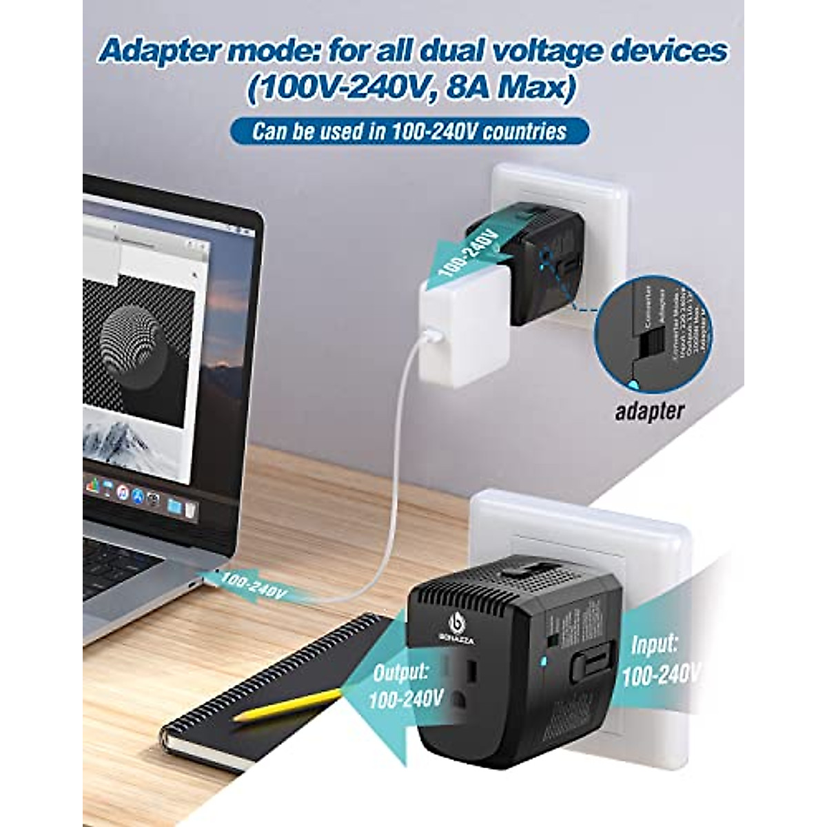 2000Watts Voltage Converter, 220V to 110V Converter, International Plug Adapter, Power Converter Adapter Combo, US to Europe, UK, Israel, Africa Over 150 Countries (DeepBlack)