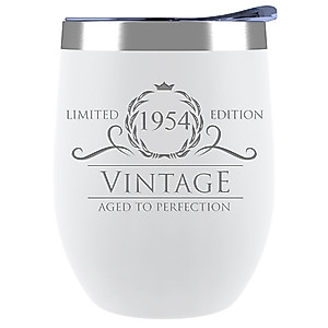 Sodilly 12 oz Stainless Steel Stemless Wine Tumbler - 1954 White - 70th Birthday Gift for Women Men