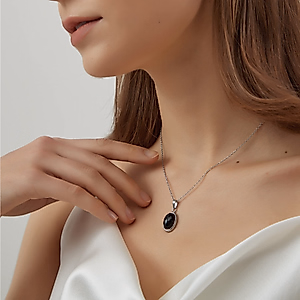 PEPELUALI 16" 925 SILVER Handmade Vintage Black Onyx Pendant Necklace, Oval black glaze energy healing crystal pendant necklace jewelry, Inspirational Gifts for Women, Mom, Sister