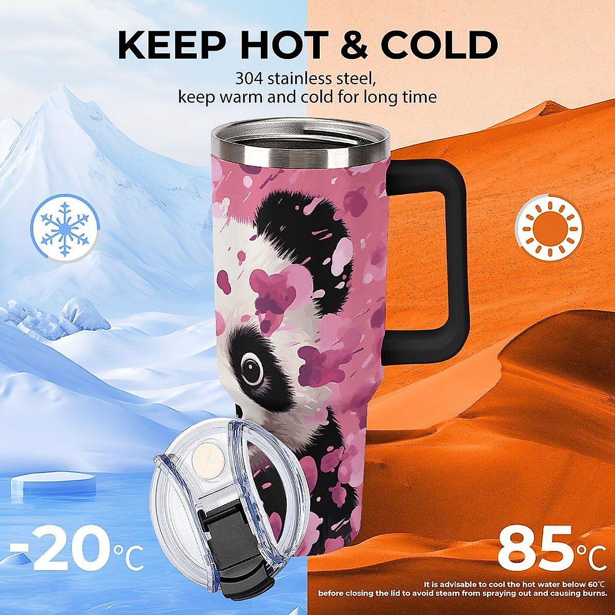 NVBSKKDH Pink Panda Cotton 40 Oz Stainless Steel Tumbler with Handle & Straw Double-Walled Vacuum Insulated Travel Mug for Hot/Cold Drinks, Reusable Thermal Cup for Car Cup Holder