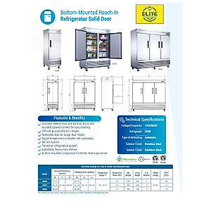 Elite Kitchen Supply Commercial Reach In Refrigerator, ETL NSF 3 Door Fridge Cooler Merchandiser, 83" W 64 cu.ft. Stainless Steel Interior