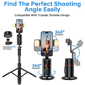 Auto Face Tracking Tripod with Rechargeable Fill Light with 6 Levels of Brightness, 360° Rotation Face Body Phone Camera Mount Gesture Control, Smart Shooting Holder for Vlog, Streaming, Video, Tiktok