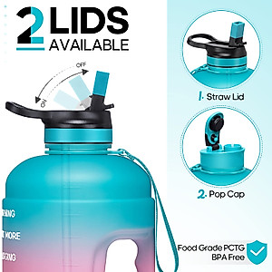 Large 74 oz/Half Gallon Motivational Water Bottle with 2 Lids (Chug and Straw), BPA Free Sports Drink Water Jug with Time Marker for Camping Sports Workouts and Outdoor Activity