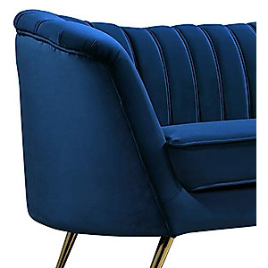 Meridian Furniture Margo Collection Modern | Contemporary Velvet Upholstered Loveseat with Deep Channel Tufting and Rich Gold Stainless Steel Legs, Navy, 65" W x 30" D x 33" H
