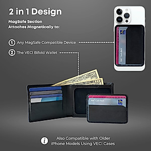 VECI 2-in-1 MagSafe Compatible Men’s Bifold Wallet with Detachable Wallet/Card Holder - Modular Design with Slim & Magnetic Section for use with iPhone (Full-grain leather, Black)