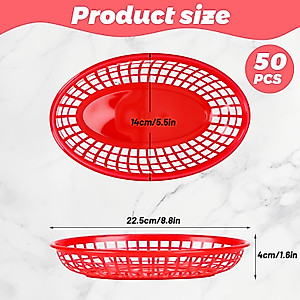 GothaBach 50 Pack Fast Food Baskets, Plastic Fast Food Restaurant Baskets, Bread Fry Baskets Serving Tray for Hot Dogs, Chicken, Burgers, Sandwiches, Fries (Red)