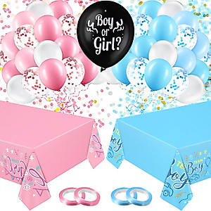 Panelee 51 Pcs Gender Reveal Party Decorations 54'' x 108'' Disposable Tablecloth 12'' Pink Blue White Latex Balloons 18'' Black Boy or Girl Balloons with 16.4ft Blue and Pink Ribbon for Party