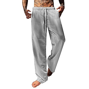 YAOBAOLE Mens Lounge Pants Lightweight Baggy Linen Pants Elastic Waistband Light Grey M