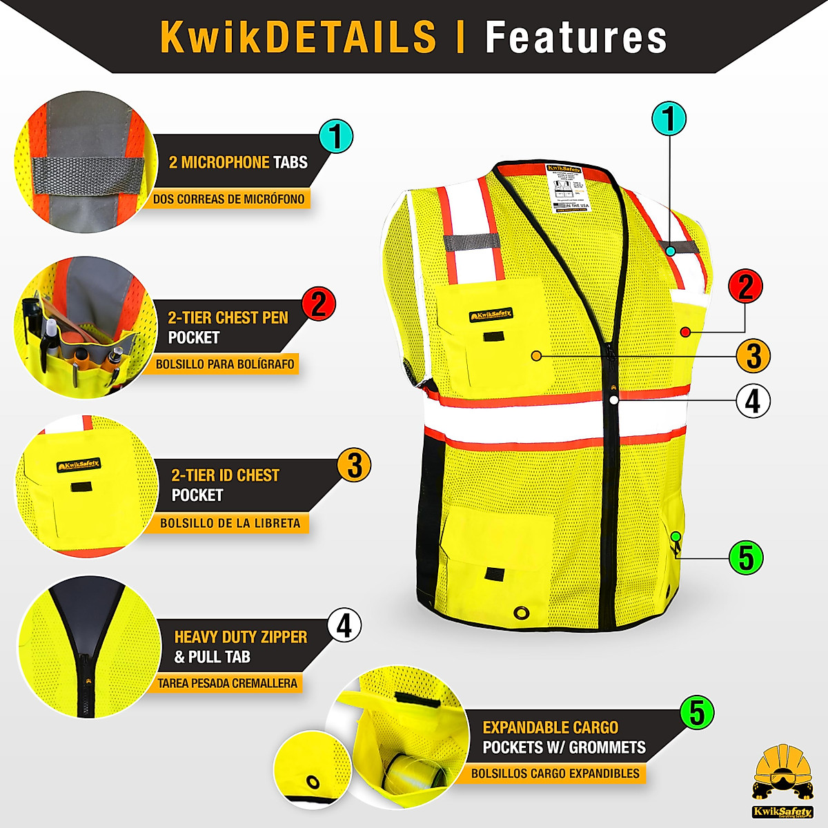 KwikSafety - Charlotte, NC - BIG KAHUNA Safety Vest [11 Pockets] Class 2 ANSI OSHA Reflective High Visibility Heavy Duty Surveyor Construction Lightweight Industrial Work Gear/Yellow Medium