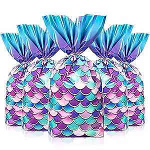 Frienda 100 Pcs Mermaid Party Favors Bags Goodie Candy Wide Bottom Cellophane Treat with Silver Twist Ties for Birthday Girls Supplies (Elegant Style)