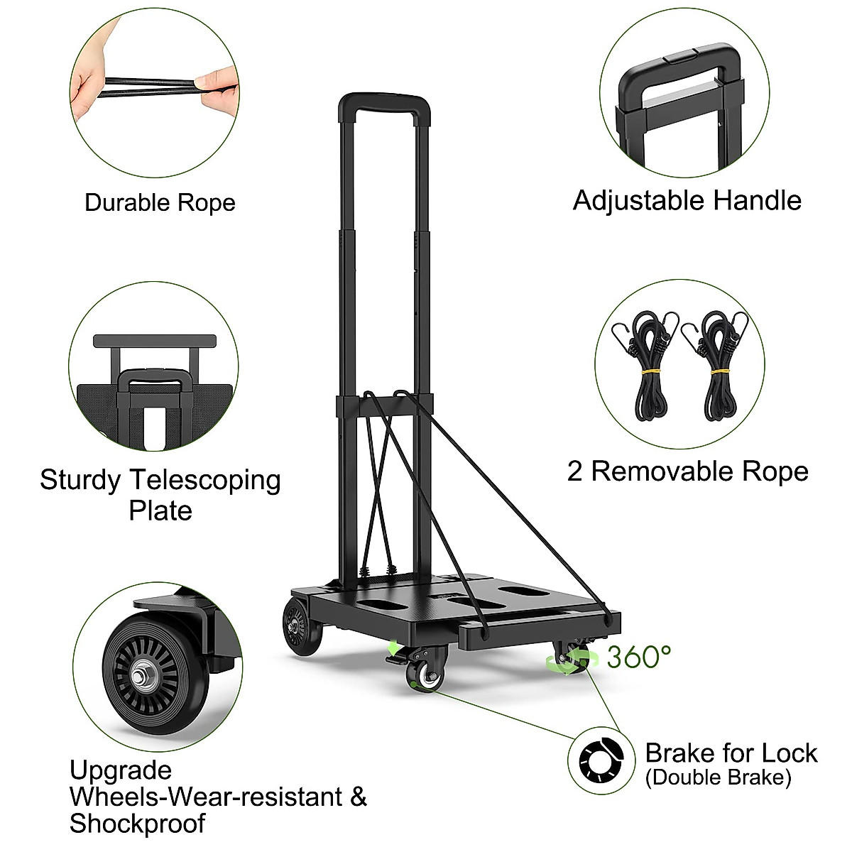 SPACEKEEPER Foldable Hand Truck Dolly, 265 LB Folding Luggage Cart with Wheels, Portable Flatbed Cart Collapsible Hand Truck for Luggage, Travel, Moving, Shopping, Office Use, Black