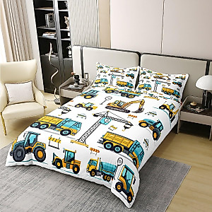 Erosebridal Kids Construction 100% Cotton Twin Bedding Sets for Boys,Excavator Trucks Comforter Cover Cartoon Tractor Car Vehicle Toddler Bed Set Yellow Blue (1 Duvet Cover and 1 Pillow Case)