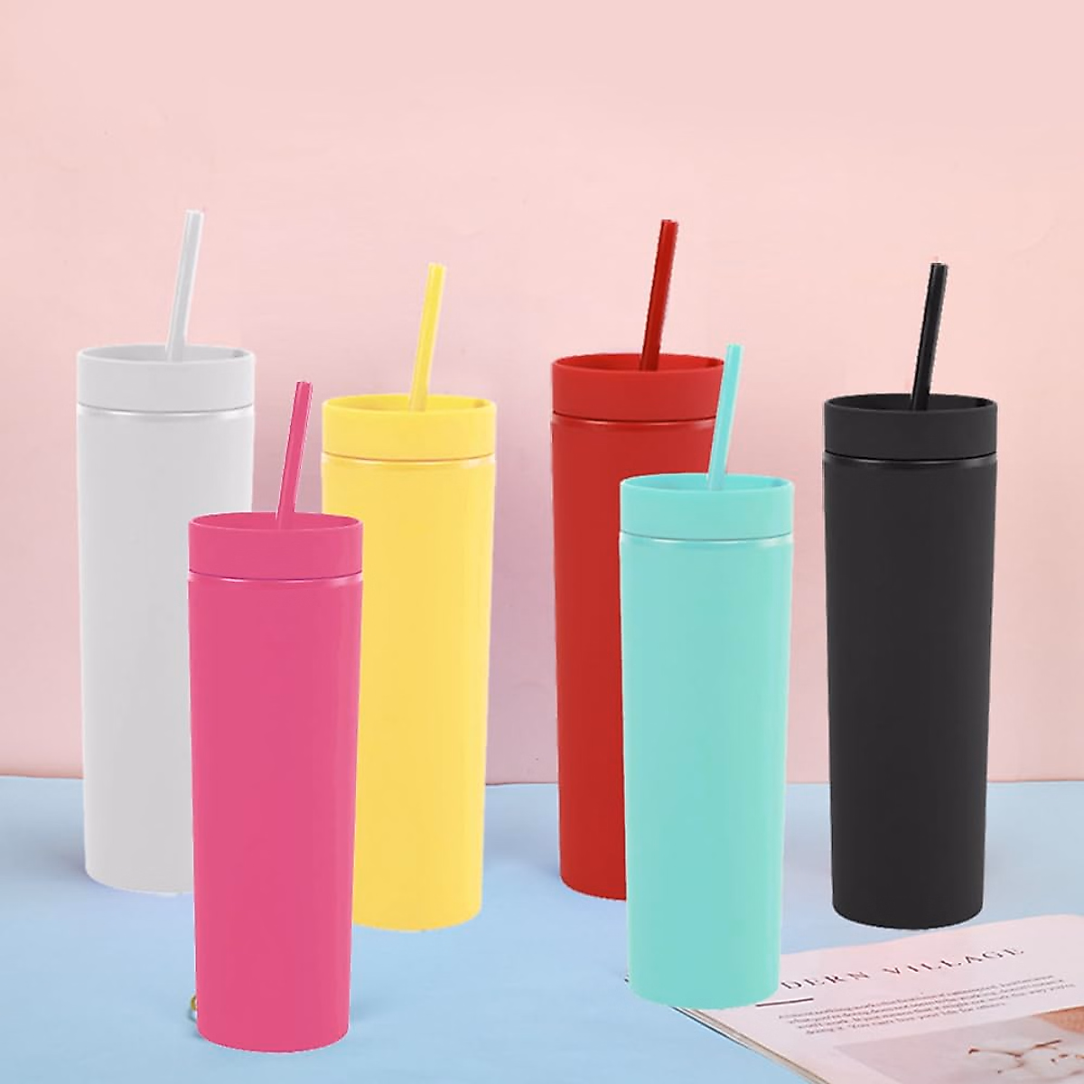 momocici Matte Skinny Tumblers Bulk.16oz Matte Pastel Colored Skinny Tumblers with Lids and Straws.Double Walled Plastic Acrylic Smoothie Tea Iced Coffee Tumbler Cups.Slim White Tumbler Set.(White)
